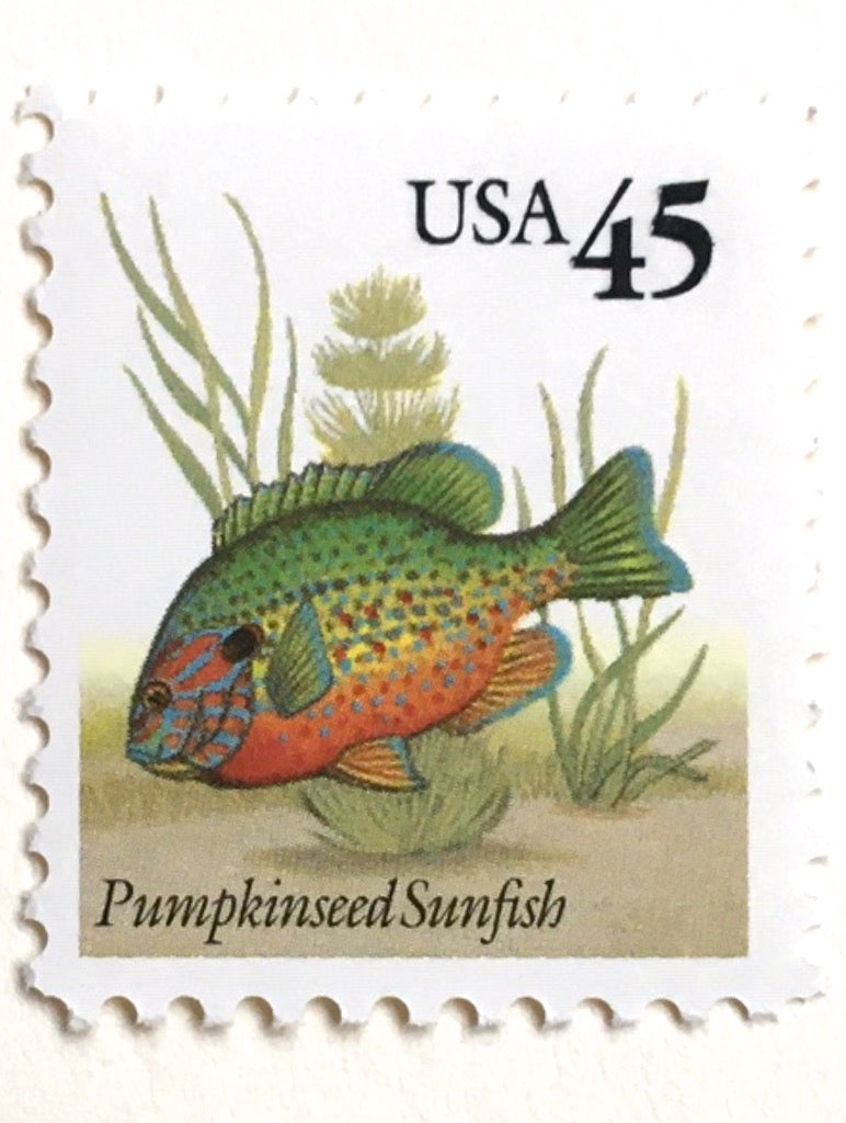10 Vintage Fish Postage Stamps Unused Green Sunfish Vintage Lake Fishi ...