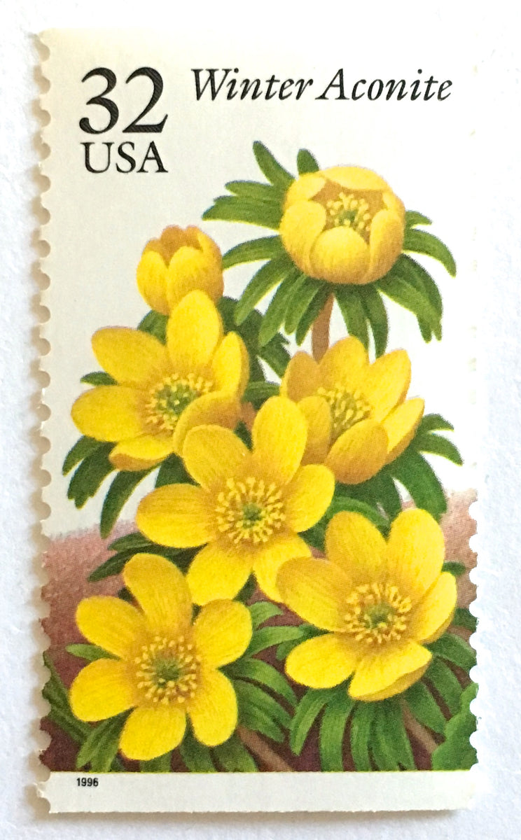 10 Vintage Yellow Flower Stamps // Unused Winter Aconite Floral Postag ...