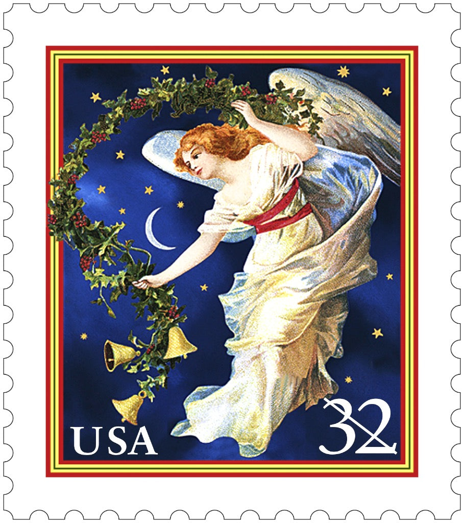 10 Vintage Christmas Angel Postage Stamps // Starry Night Sky // Holly ...