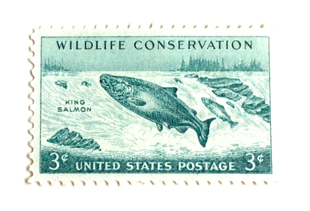 10 Vintage Wildlife Postage Stamps Forest River Salmon Pine Tree Green ...